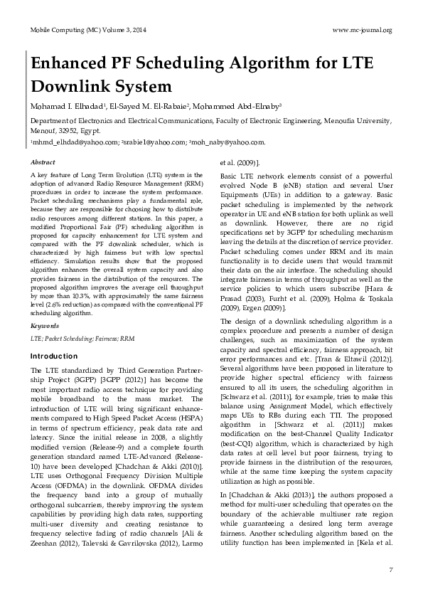 (PDF) Enhanced PF Scheduling Algorithm for LTE Downlink System