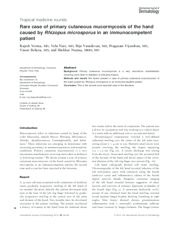 (PDF) Rare case of primary cutaneous mucormycosis of the hand caused by ...