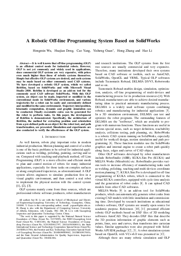 Pdf A Robotic Off Line Programming System Based On Solidworks
