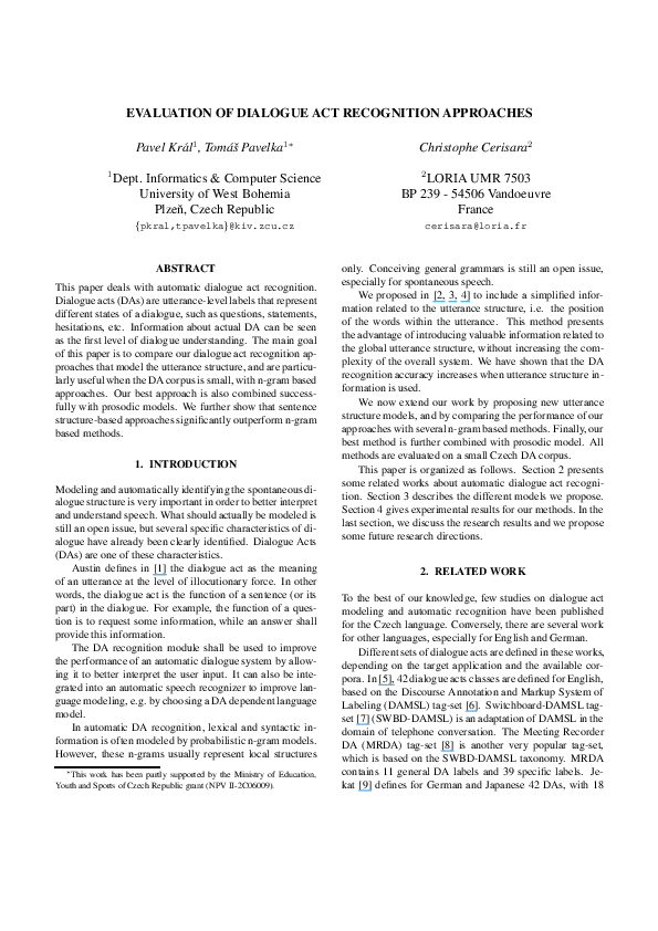 (PDF) Evaluation of dialogue act recognition approaches