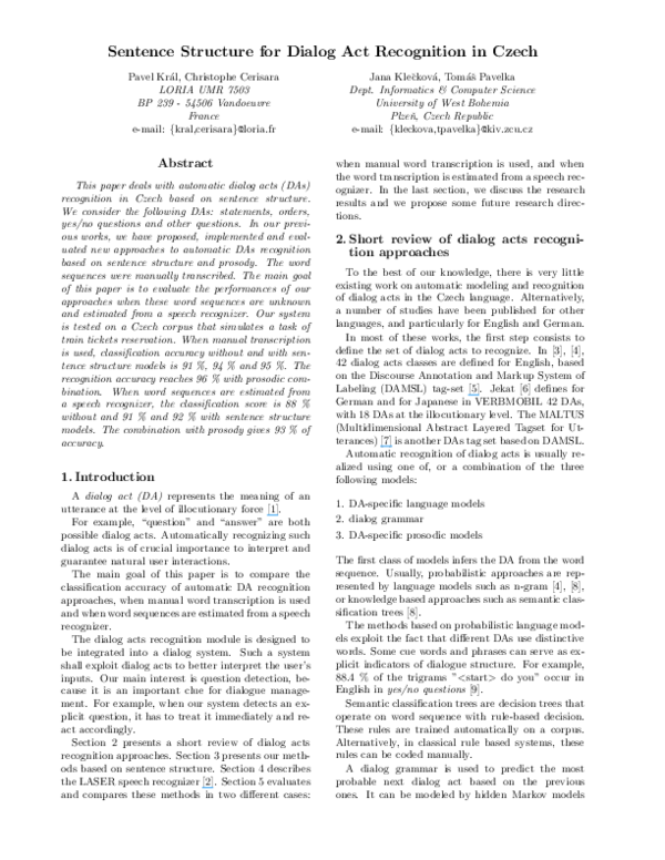 (PDF) Sentence Structure for Dialog Act Recognition in Czech