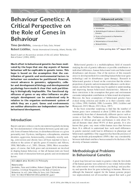 (PDF) Behaviour Genetics: A Critical Perspective on the Role of Genes ...