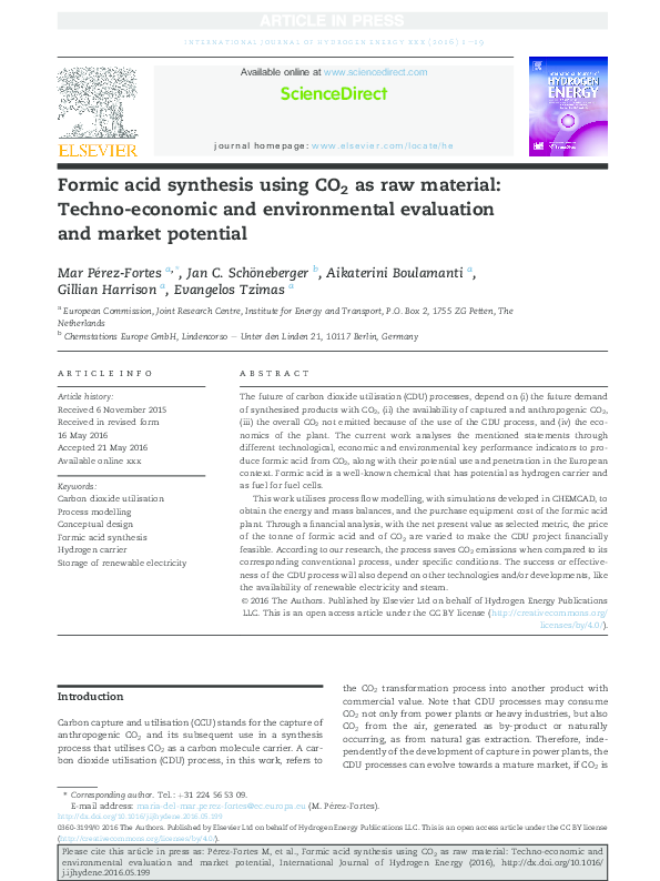 (PDF) Formic acid synthesis using CO 2 as raw material: Techno-economic ...
