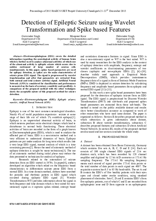 Pdf Detection Of Epileptic Seizure Using Wavelet Transformation And Spike Based Features