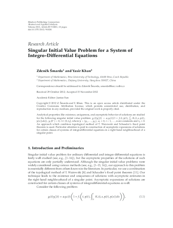 (PDF) Singular Initial Value Problem for a System of Integro-Differential Equations