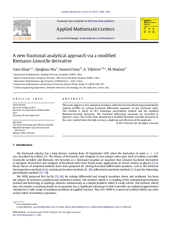 Pdf A New Fractional Analytical Approach Via A Modified Riemann Liouville Derivative