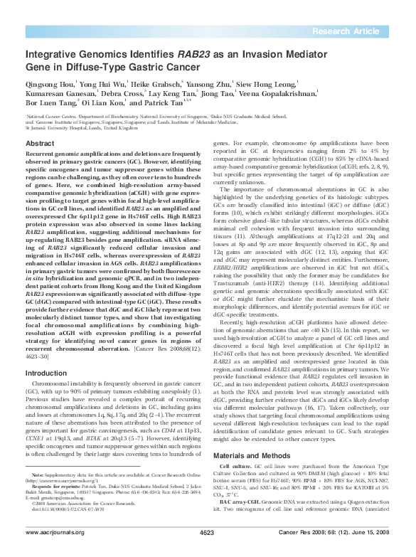 (PDF) Integrative Genomics Identifies RAB23 as an Invasion Mediator Gene in Diffuse-Type Gastric ...