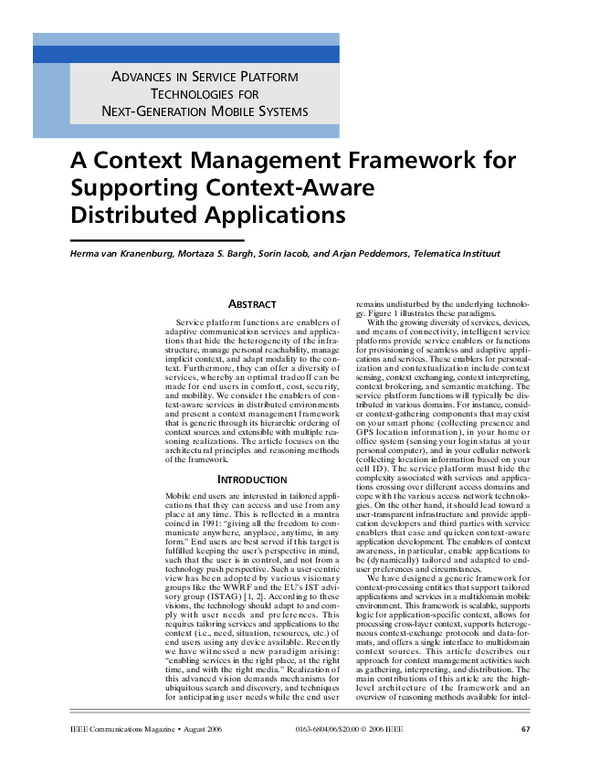 Pdf A Context Management Framework For Supporting Context Aware Distributed Applications