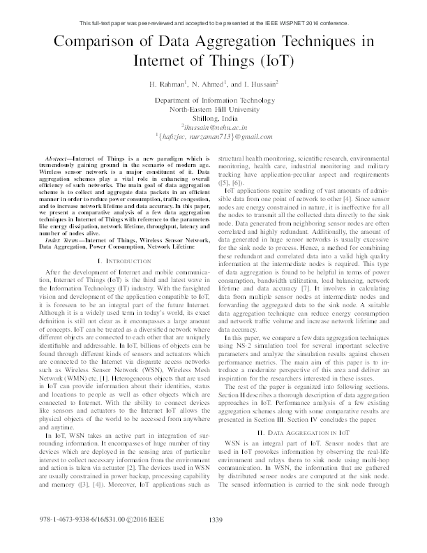 (PDF) Comparison of Data Aggregation Techniques in Internet of Things (IoT)
