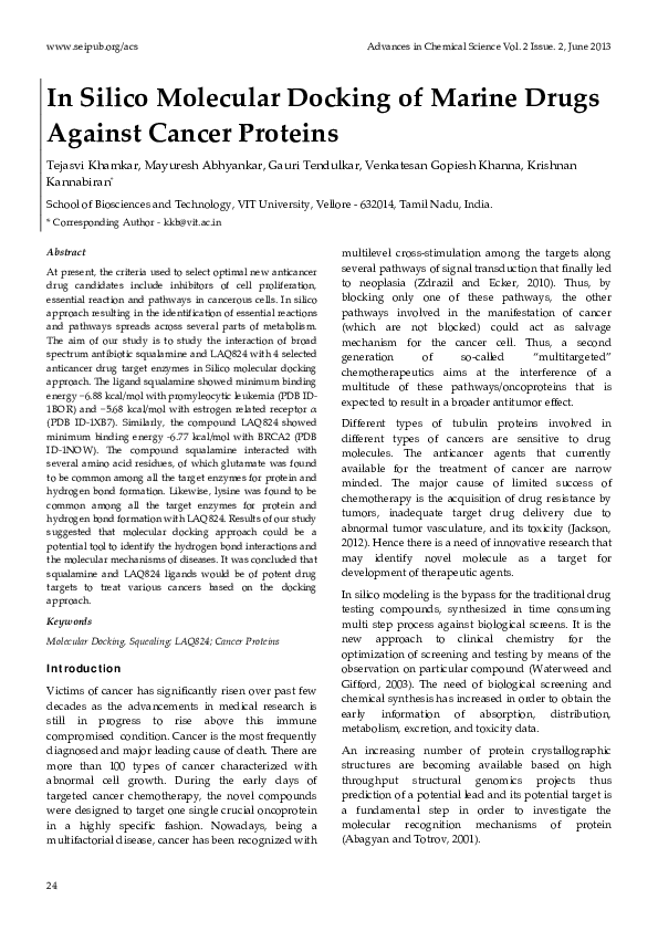 (PDF) In Silico Molecular Docking of Marine Drugs Against Cancer Proteins