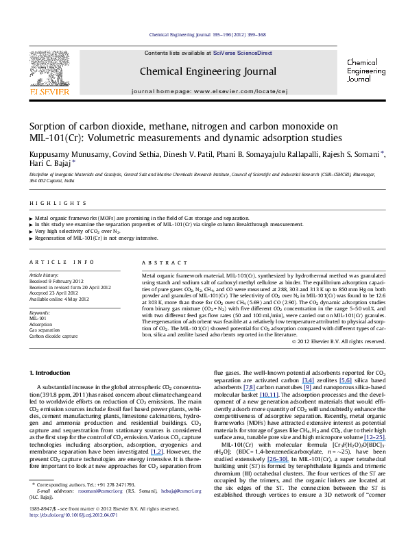 (PDF) Sorption of carbon dioxide, methane, nitrogen and carbon monoxide on MIL-101(Cr ...
