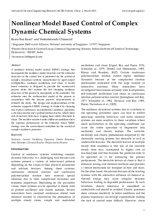 (PDF) Nonlinear Model Based Control of Complex Dynamic Chemical Systems