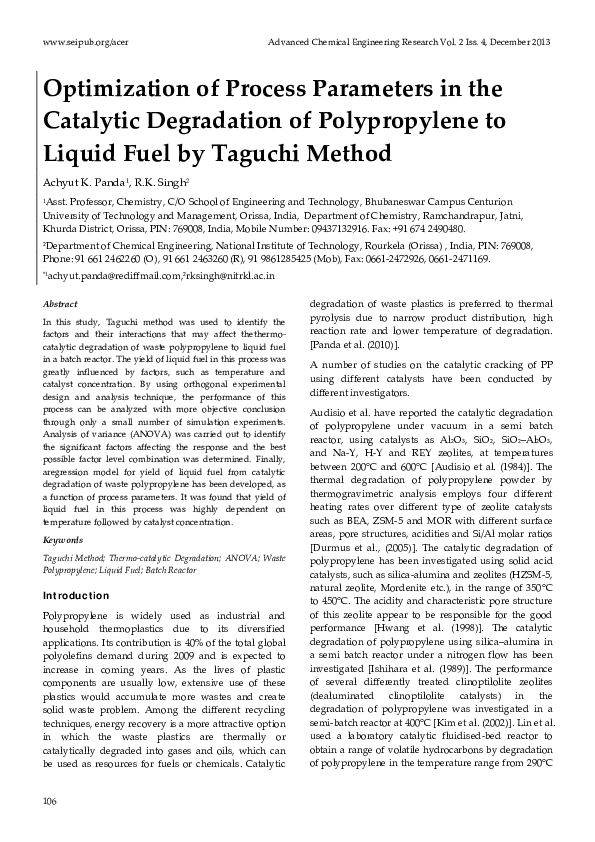 (PDF) Optimization of Process Parameters in the Catalytic Degradation of Polypropylene to Liquid ...