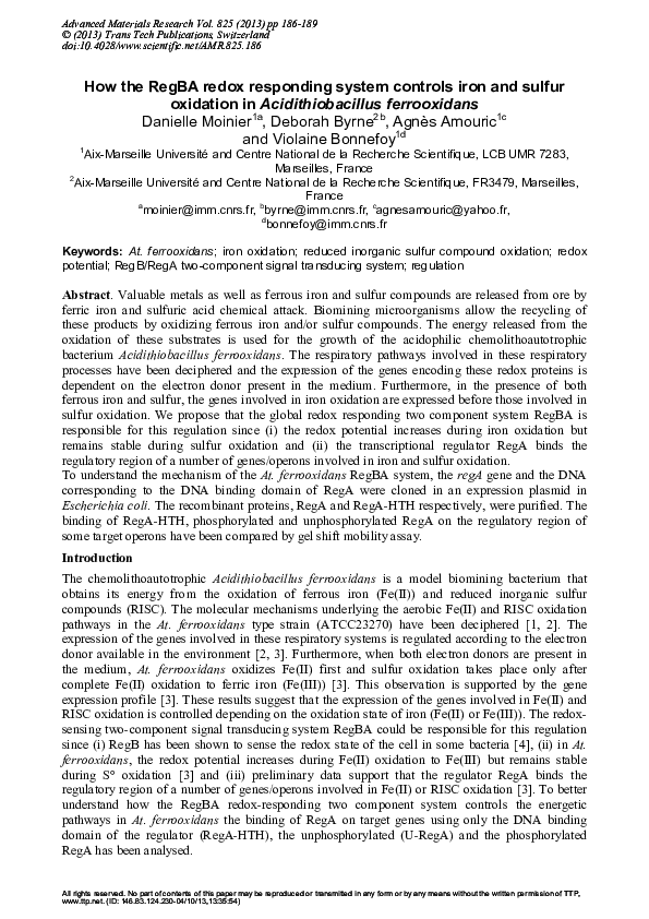 (PDF) How the RegBA Redox Responding System Controls Iron and Sulfur ...