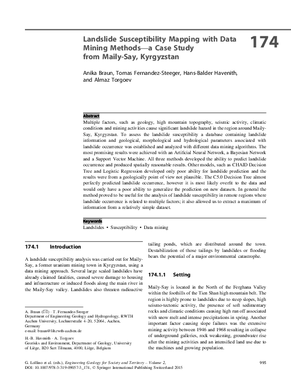 (PDF) Landslide Susceptibility Mapping with Data Mining Methods—a Case Study from Maily-Say ...