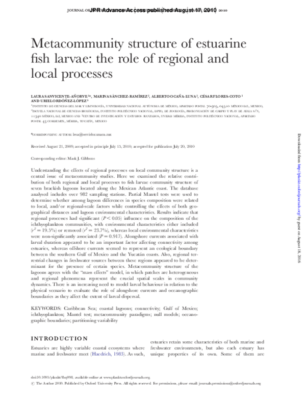 (PDF) Metacommunity structure of estuarine fish larvae: the role of regional and local processes