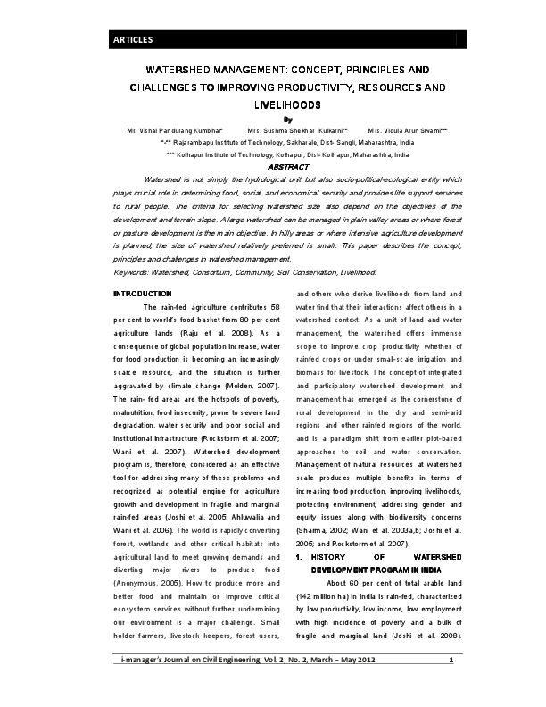 WATERSHED MANAGEMENT: CONCEPT, PRINCIPLES AND CHALLENGES TO IMPROVING ...