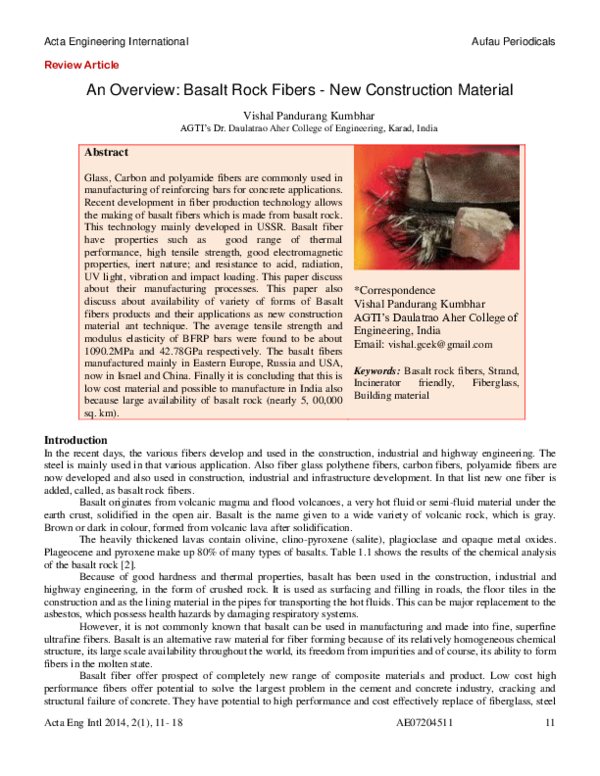 An Overview: Basalt Rock Fibers -New Construction Material