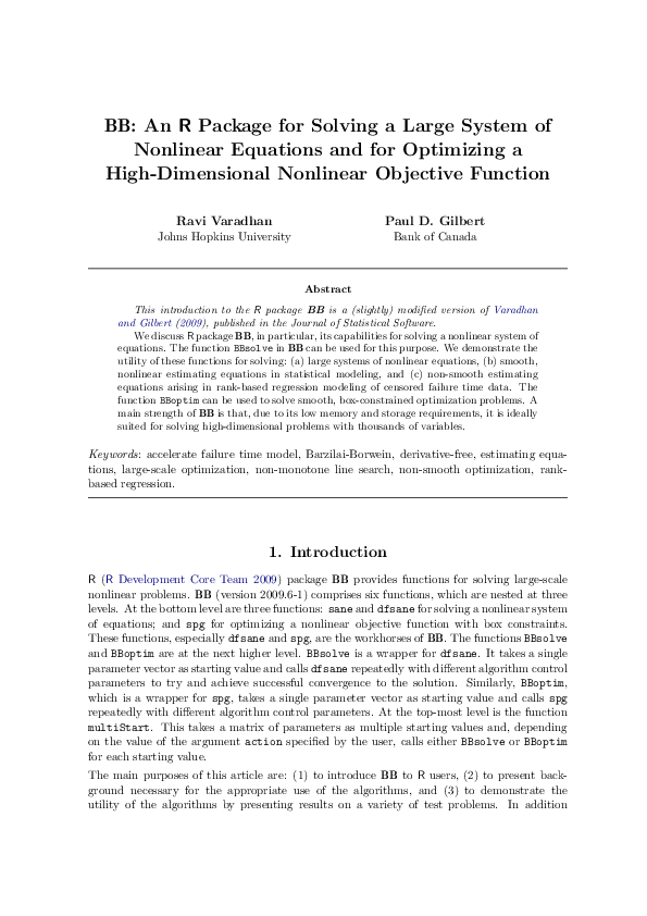 Pdf Bb An R Package For Solving A Large System Of Nonlinear 3449