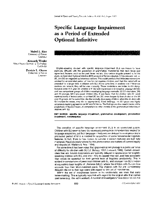 (PDF) Specific Language Impairment as a Period of Extended Optional Infinitive