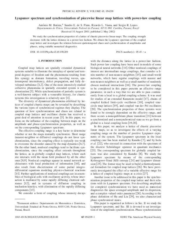 Pdf Lyapunov Spectrum And Synchronization Of Piecewise Linear Map Lattices With Power Law Coupling