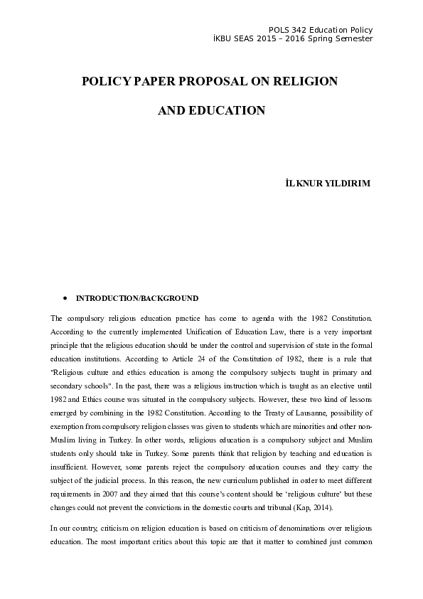 (DOC) POLICY PAPER PROPOSAL ON RELIGION AND EDUCATION
