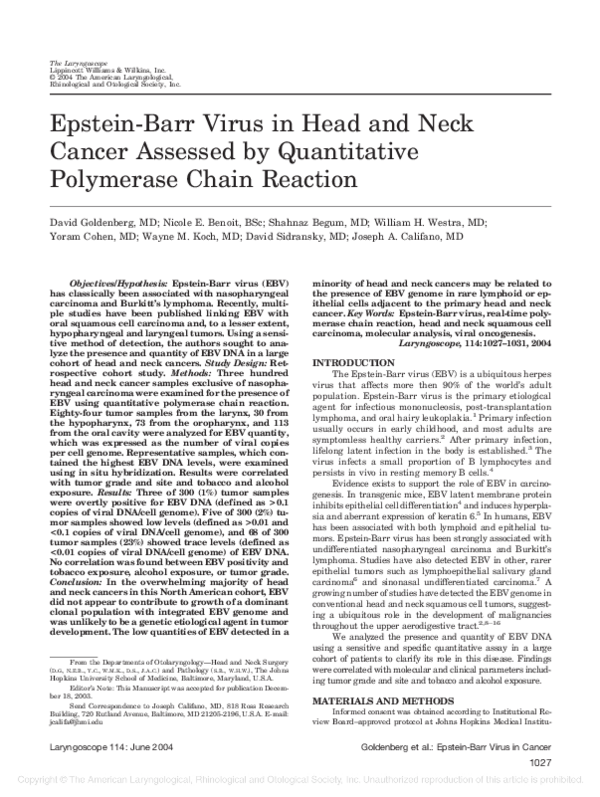 (PDF) Epstein-Barr Virus in Head and Neck Cancer Assessed by ...