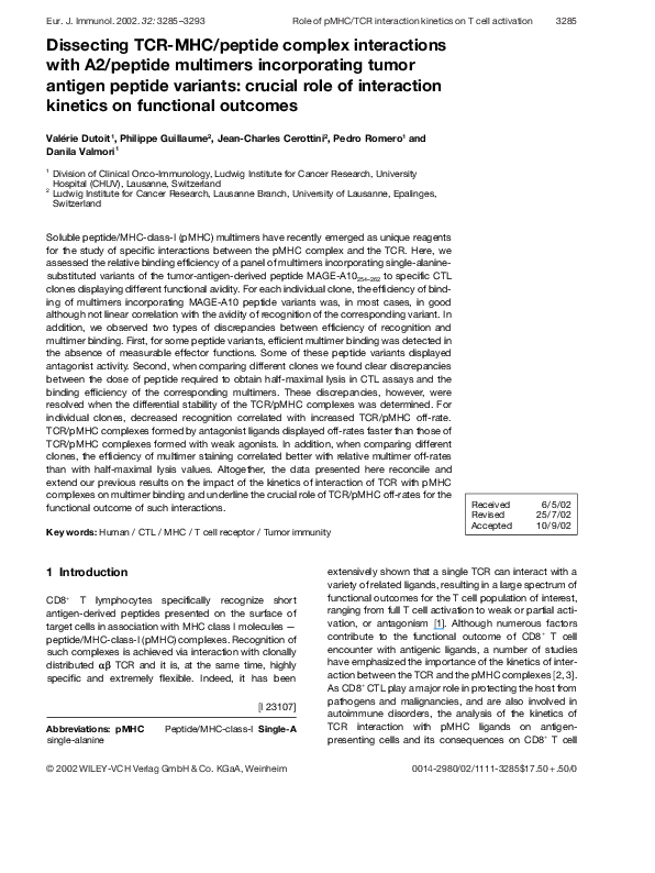 (PDF) Dissecting TCR-MHC/peptide complex interactions with A2/peptide multimers incorporating ...