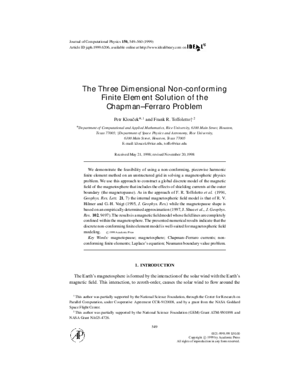 (PDF) The Three Dimensional Non-conforming Finite Element Solution of the Chapman–Ferraro Problem