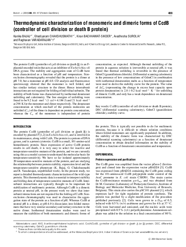 (PDF) Thermodynamic characterization of monomeric and dimeric forms of CcdB (controller of cell ...