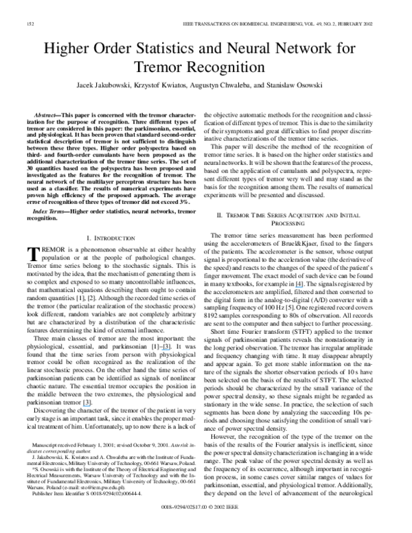 (PDF) Higher order statistics and neural network for tremor recognition