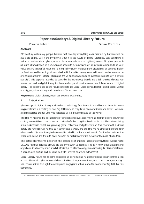 (PDF) Paperless Society: A Digital Library Future