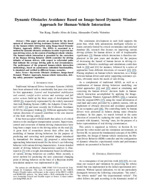 Pdf Dynamic Obstacles Avoidance Based On Image Based Dynamic Window Approach For Human Vehicle