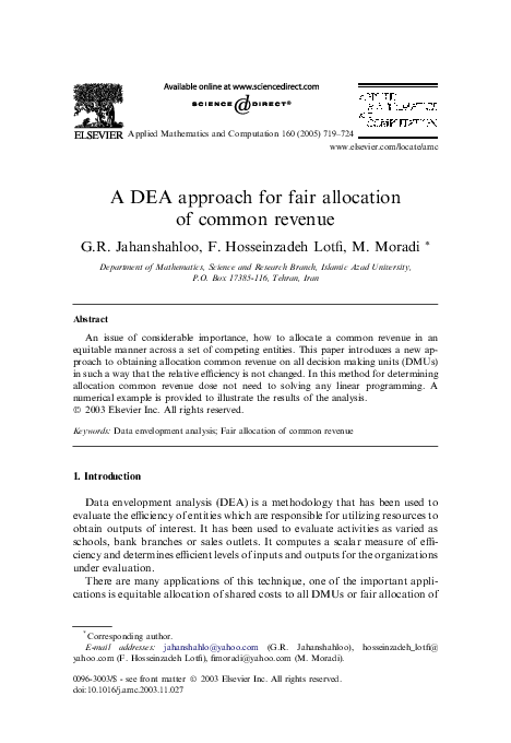 (PDF) A DEA approach for fair allocation of common revenue
