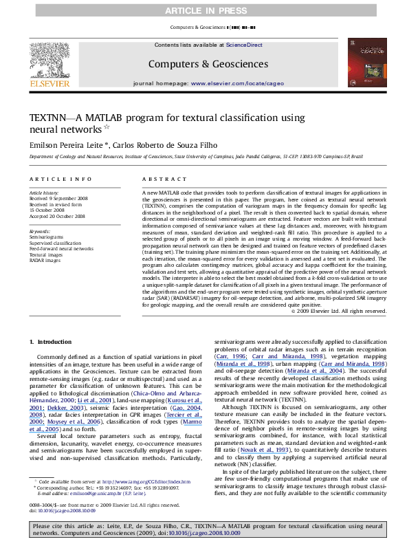 (PDF) TEXTNN---A MATLAB program for textural classification using neural networks