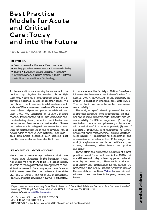 (PDF) Best Practice Models for Acute and Critical Care: Today and into ...