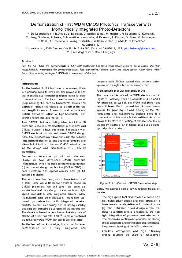 (PDF) Demonstration of first WDM CMOS photonics transceiver with monolithically integrated photo ...