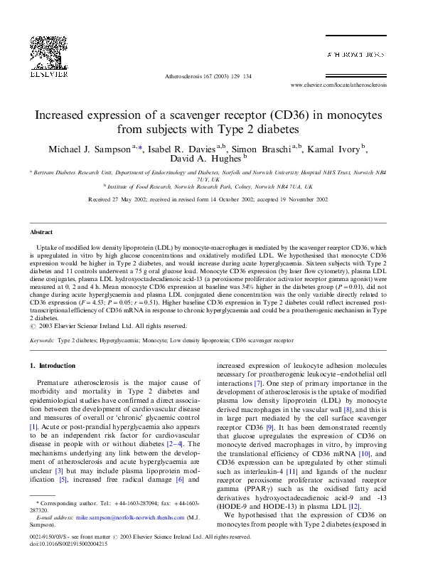 (PDF) Increased expression of a scavenger receptor (CD36) in monocytes ...