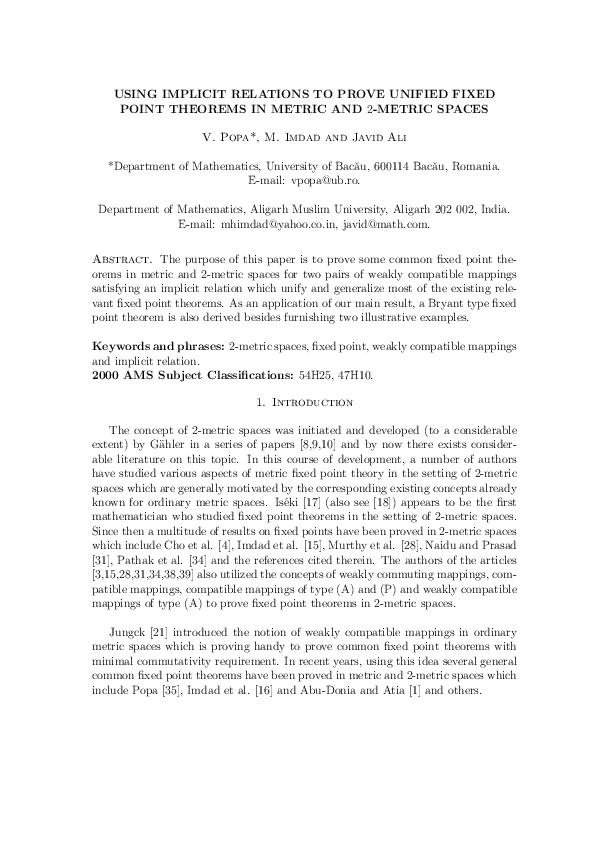Pdf Using Implicit Relations To Prove Unified Fixed Point Theorems In Metric And 2 Metric Spaces