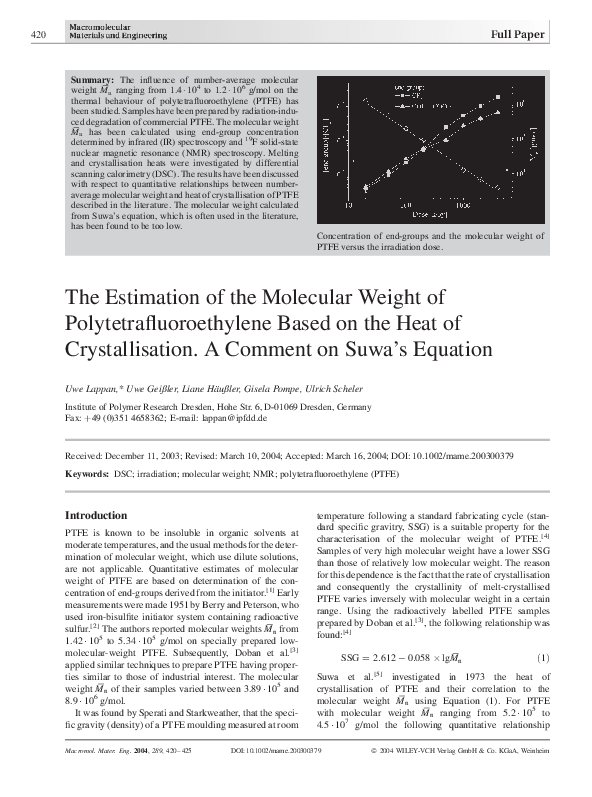 (PDF) The Estimation of the Molecular Weight of Polytetrafluoroethylene Based on the Heat of ...