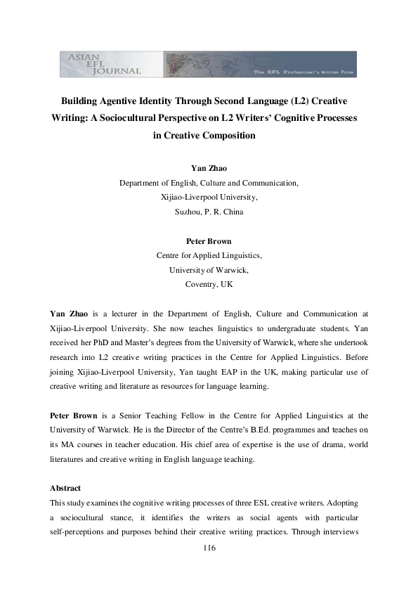 (PDF) Building Agentive Identity Through Second Language (L2) Creative Writing: A Sociocultural ...