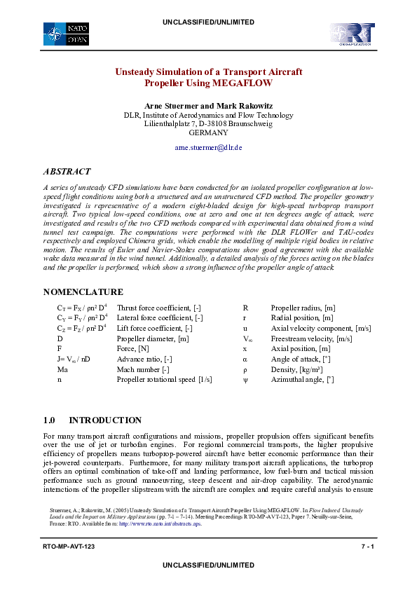 (PDF) Unsteady Simulation of a Transport Aircraft Propeller Using MEGAFLOW