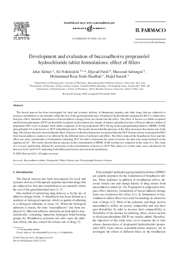 Pdf Development And Evaluation Of Buccoadhesive Propranolol Hydrochloride Tablet Formulations