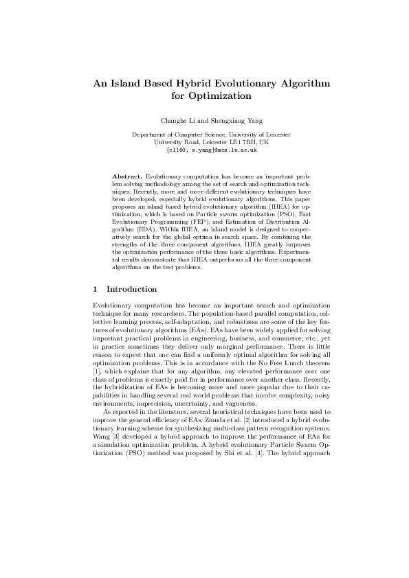 (PDF) An Island Based Hybrid Evolutionary Algorithm for Optimization
