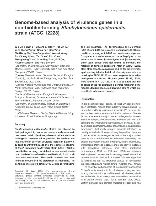 (PDF) Genome-based analysis of virulence genes in a non-biofilm-forming Staphylococcus ...