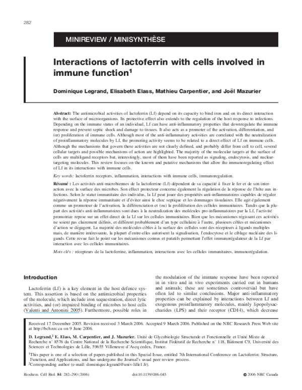 (PDF) Interactions of lactoferrin with cells involved in immune ...
