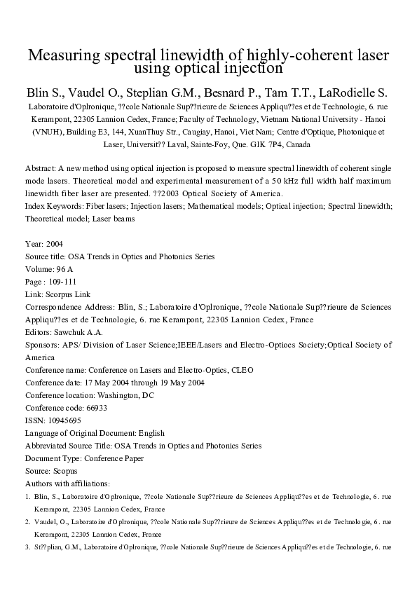 (PDF) Measuring spectral linewidth of highly-coherent laser using optical injection