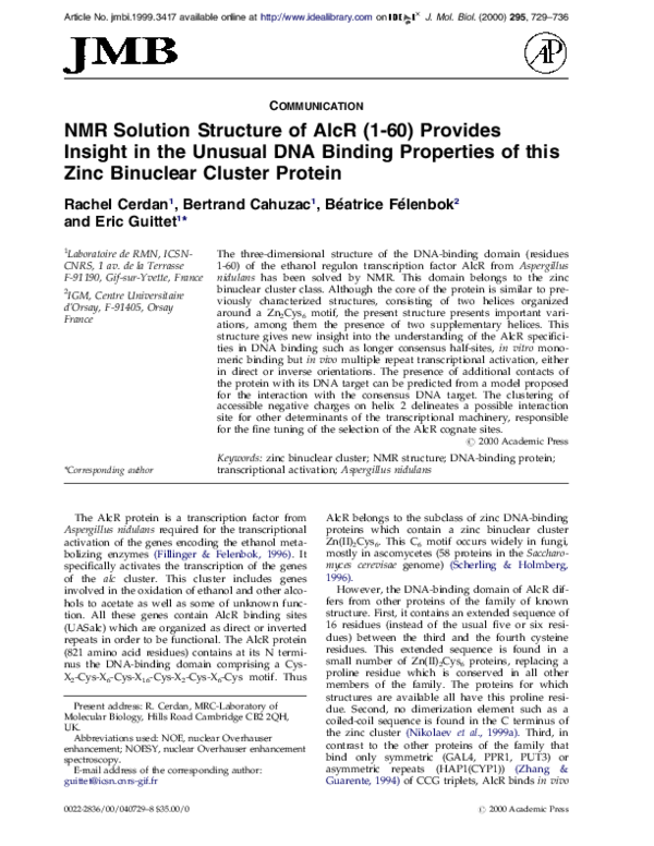 (PDF) NMR solution structure of AlcR (1–60) provides insight in the ...