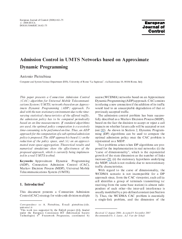 (PDF) Admission Control in UMTS Networks based on Approximate Dynamic Programming