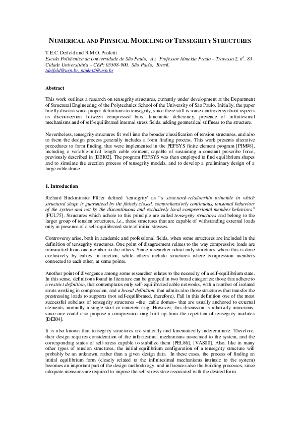 Pdf Numerical And Physical Modeling Of Tensegrity Structures